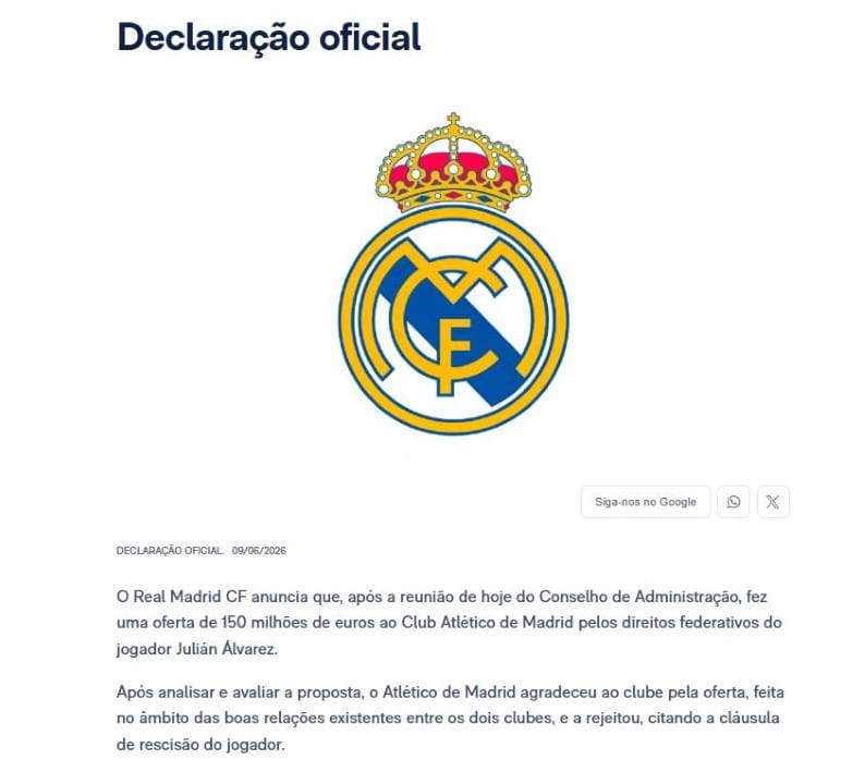 Atlético de Madrid wijst het officiële bod van Real Madrid van 150 ...